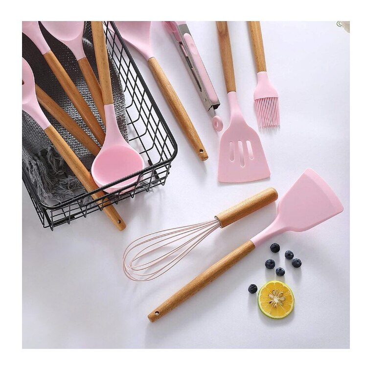 Set 12 piese, ustensile bucatarie din Lemn si Silicon alimentar ...