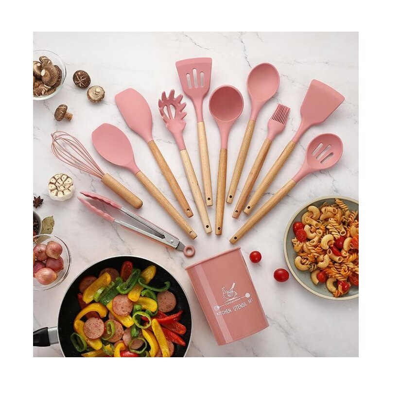 Set 12 piese, ustensile bucatarie din Lemn si Silicon alimentar ...