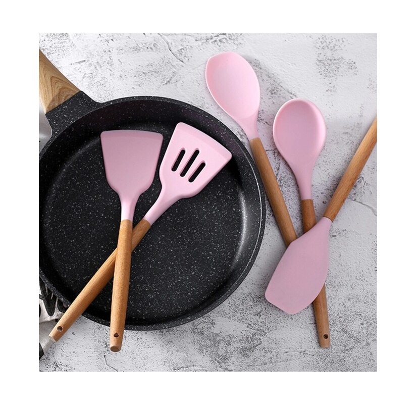 Set 12 piese, ustensile bucatarie din Lemn si Silicon alimentar ...