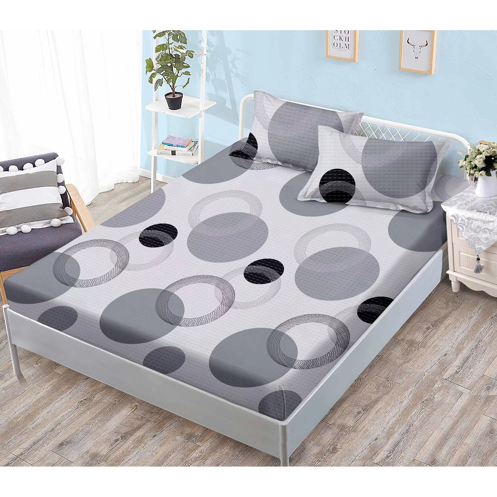 Set Husa de Pat cu Elastic din Finet, pentru Pat Dublu, 3 Piese, 2 Fete ...