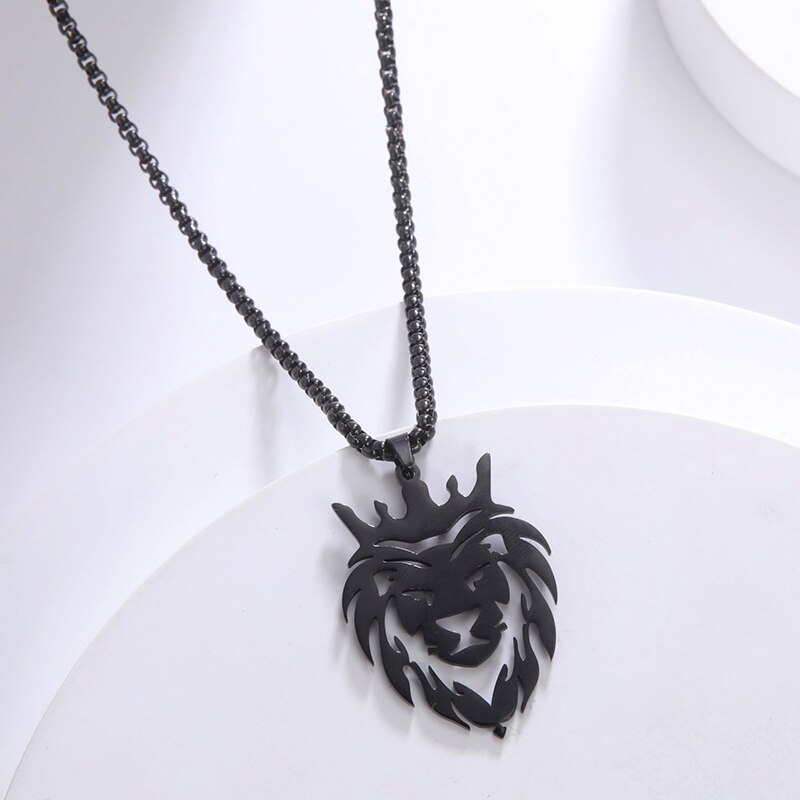 Lant, model regele junglei, pandantiv cap de leu, unisex, negru, EFAYN ...