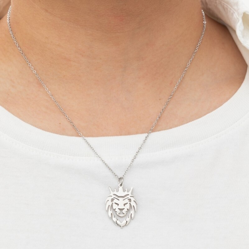 Lant, model regele junglei, pandantiv cap de leu, unisex, argintiu ...