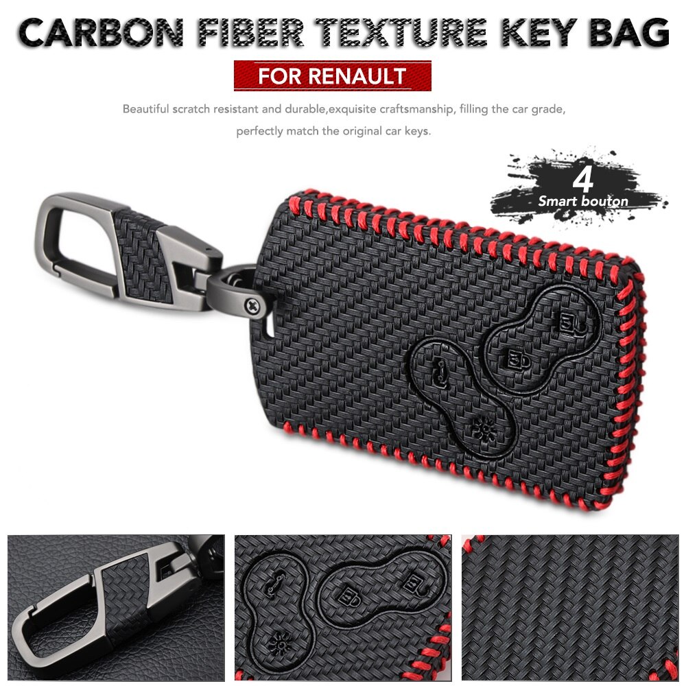 Husa din piele carbon pentru cartela 4 butoane Renault Clio Logan ...