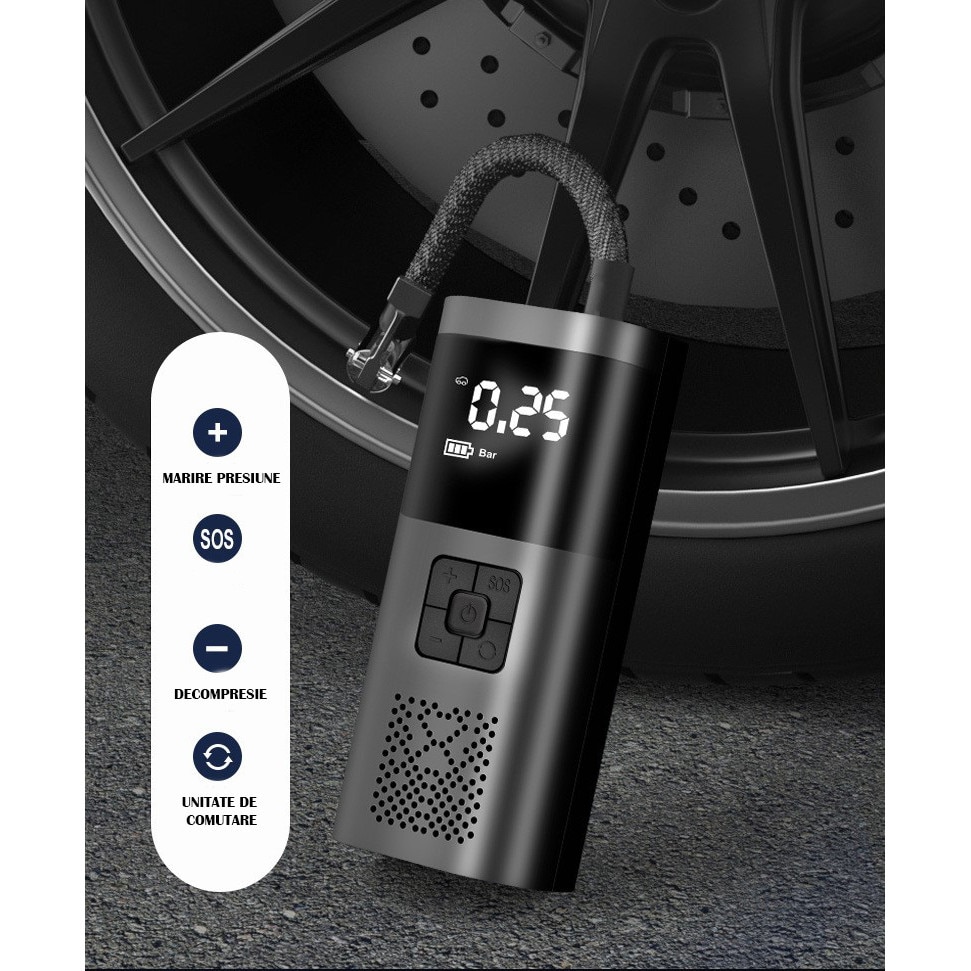 Compresor auto portabil cu afisaj digital, 10.3 bar 7500 mAh, cu ...
