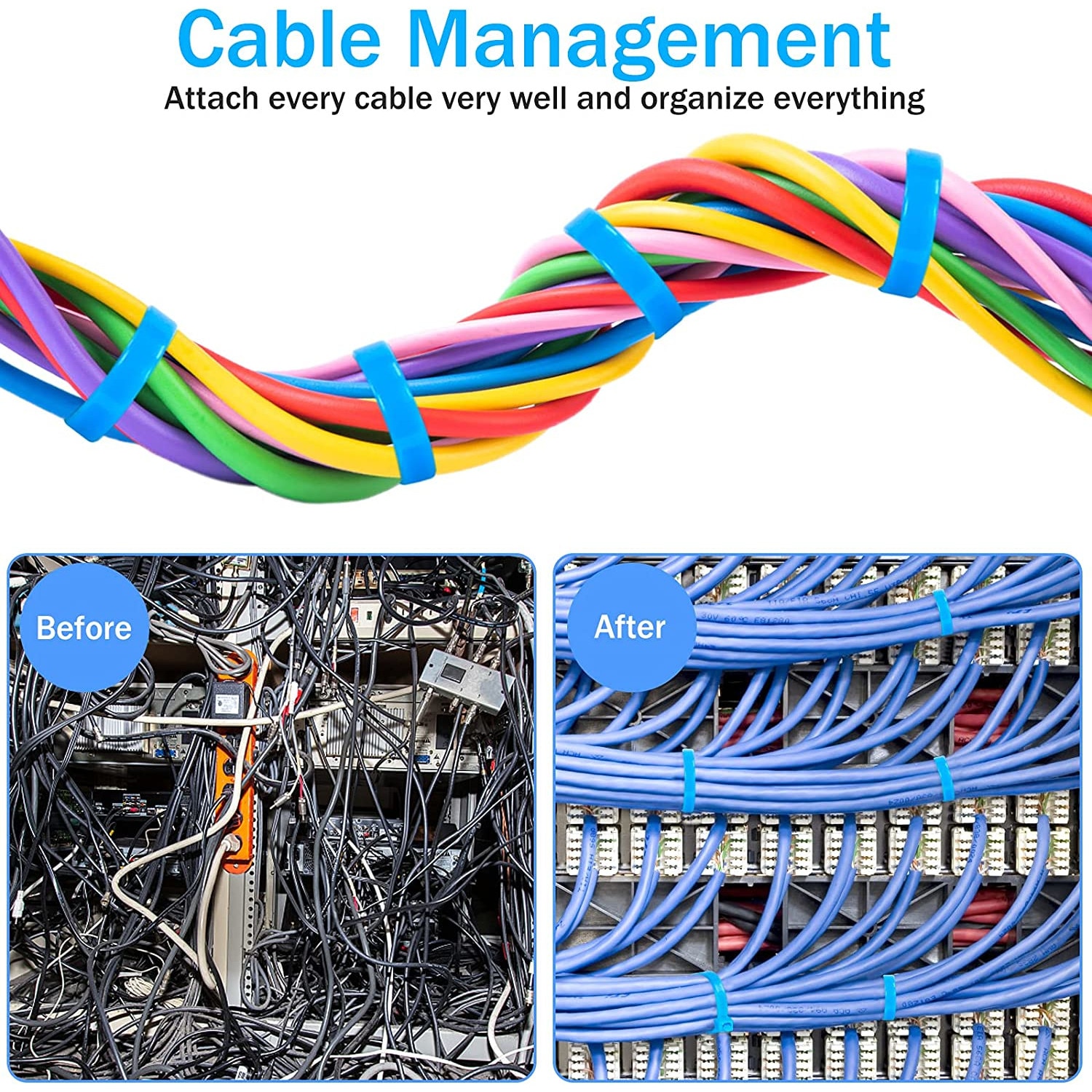 Set de 100 legaturi pentru cabluri, Plastic, 200 mm x 2,6 mm, Albastru ...