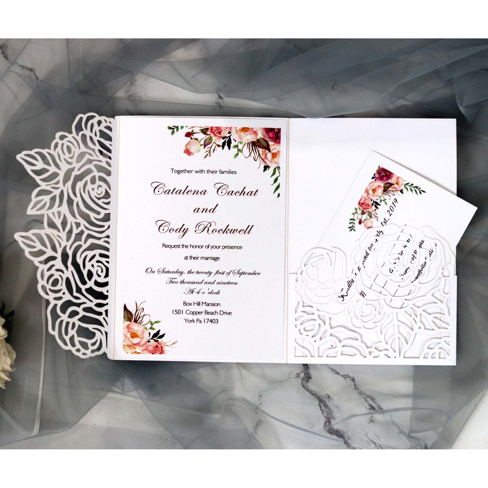 Set 50 invitatii pentru nunta, Plic, Panglica, Alb - eMAG.ro