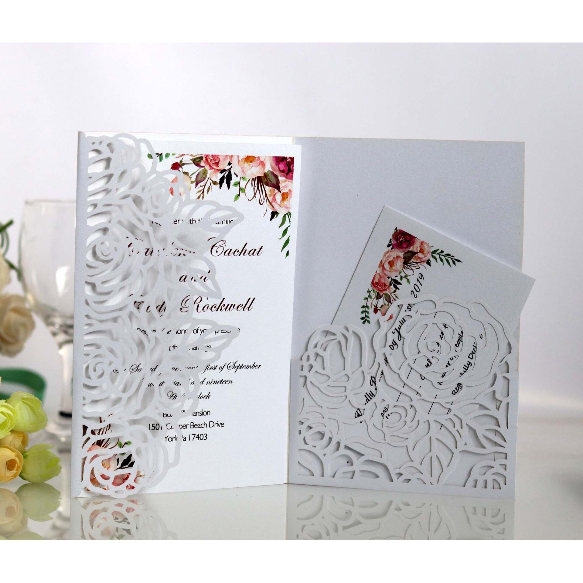 Set 50 invitatii pentru nunta, Plic, Panglica, Alb - eMAG.ro