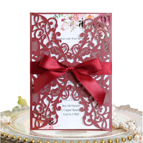 Set 50 invitatii de nunta, Panglica, Plic, Alb /Rosu - eMAG.ro