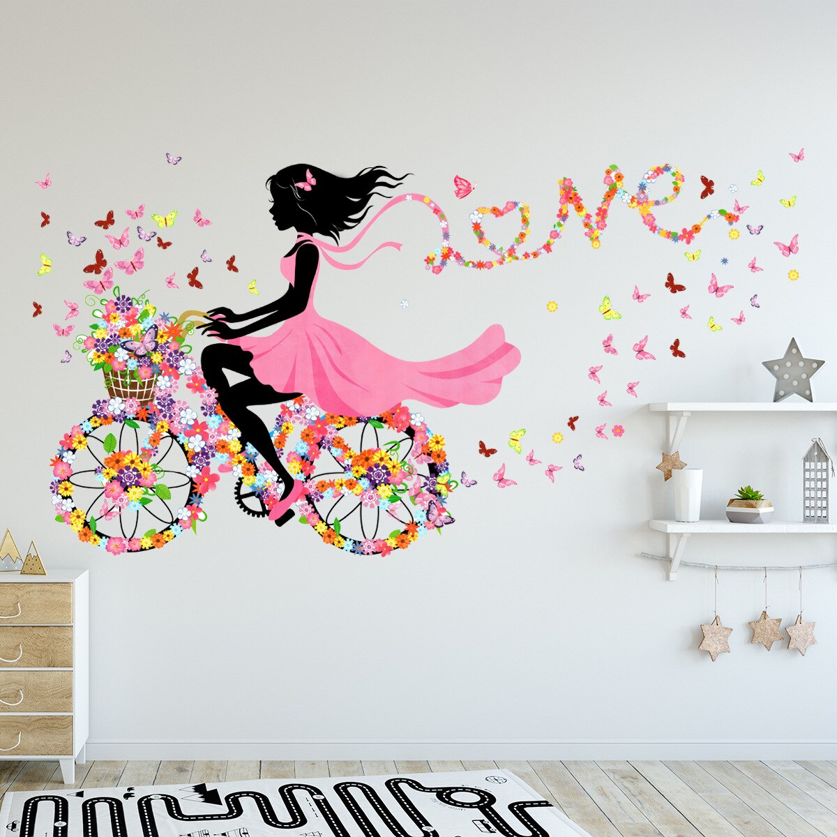 Sticker Autocolant Perete, Fata pe Bicicleta cu Flori si Fluturasi ...