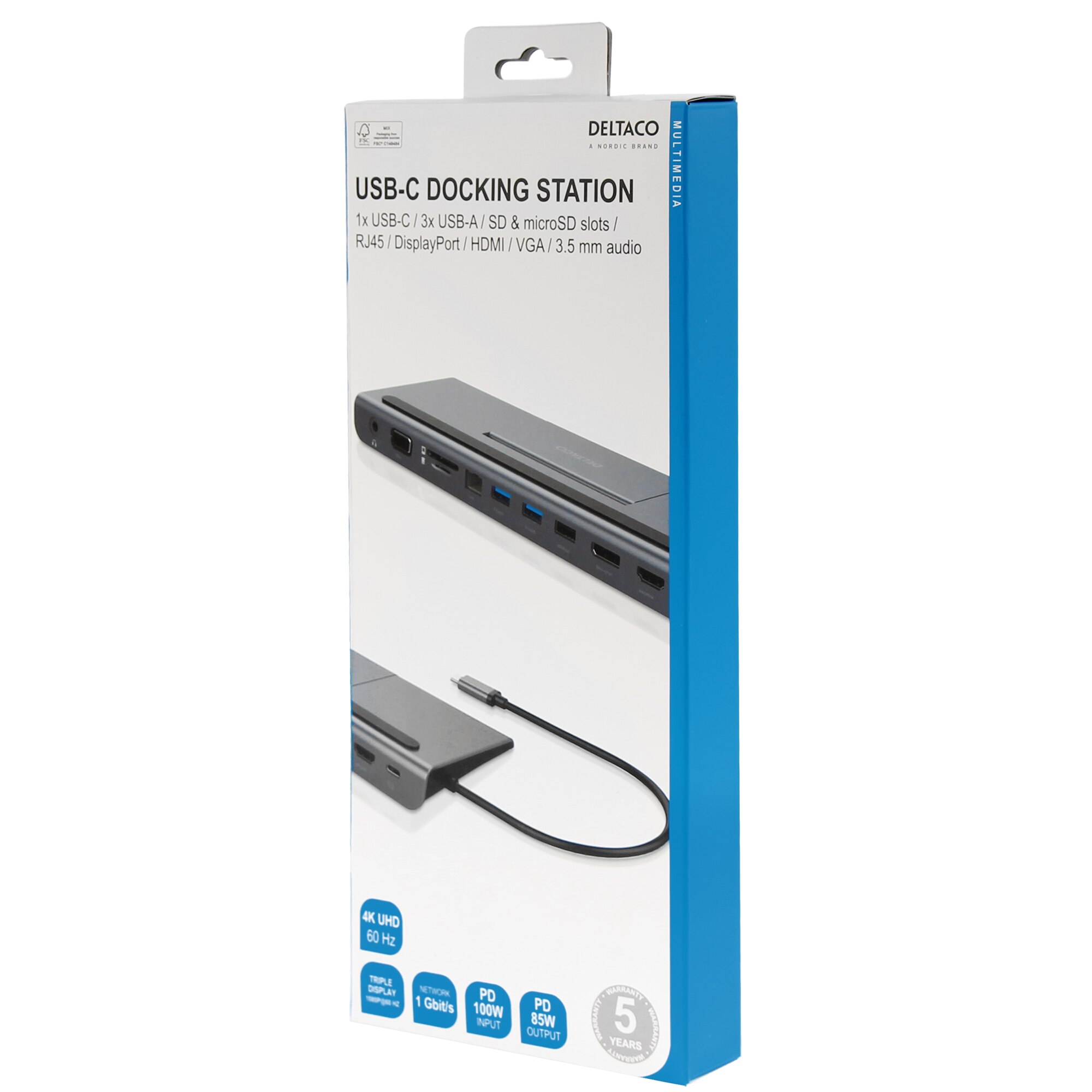 Docking station multiport DELTACO, USB-C PD 85W, 4K UHD, DP, HDMI, VGA ...