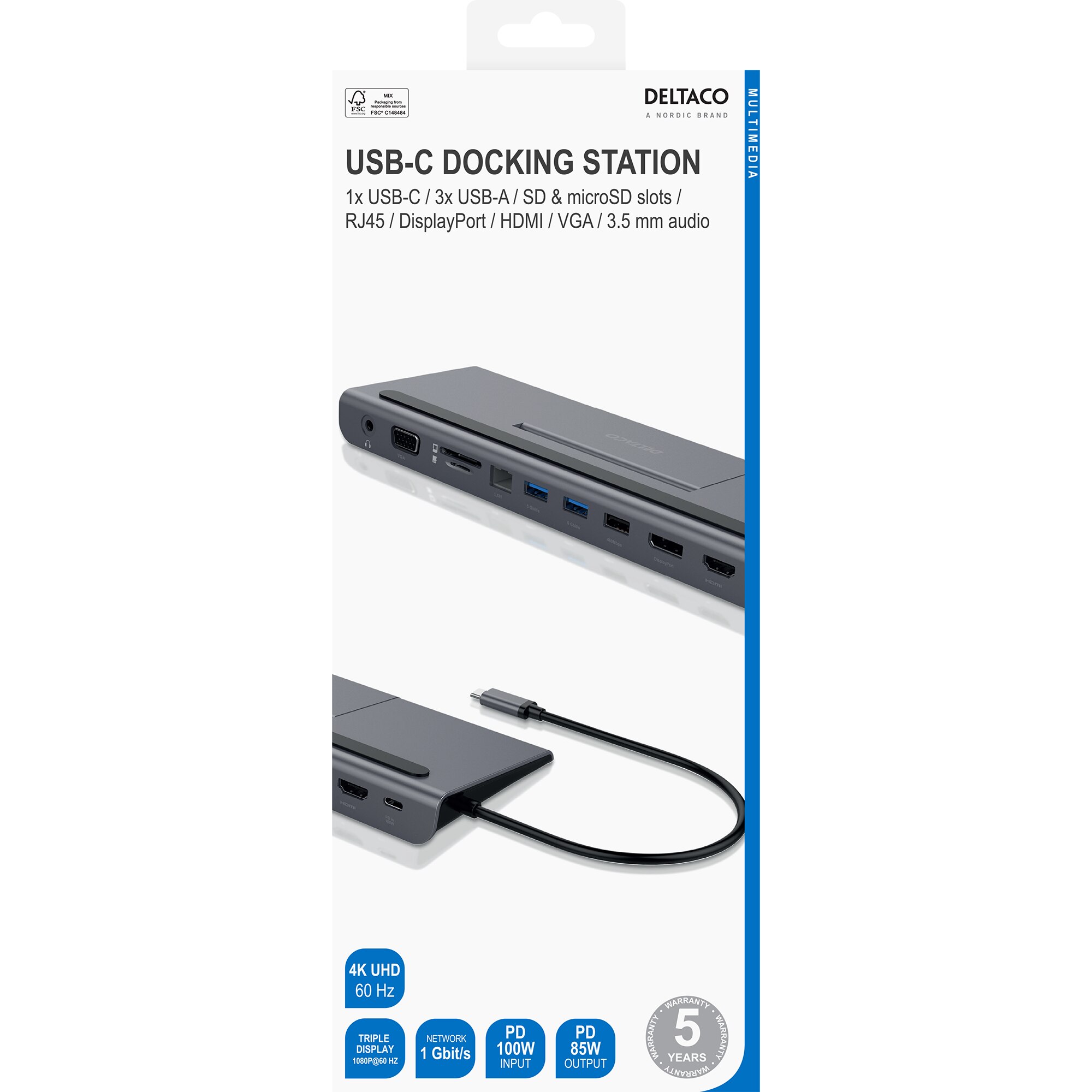 Docking station multiport DELTACO, USB-C PD 85W, 4K UHD, DP, HDMI, VGA ...