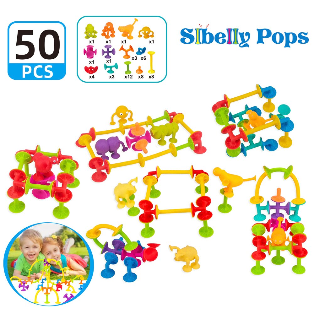 Set de constructie Sibelly Pops, Chippo, Silicon, 50 animale, 25 x 20 ...