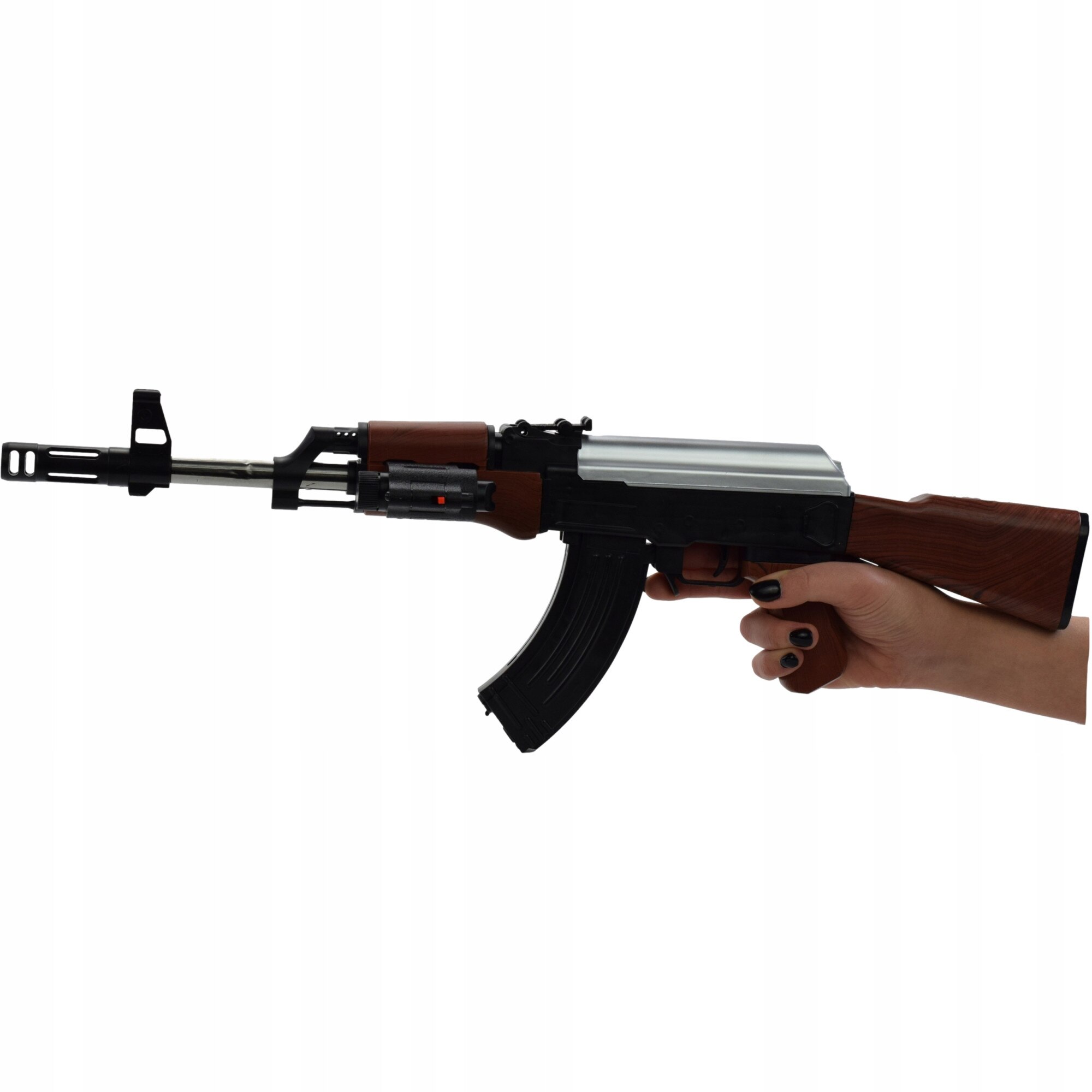 Pusca cu glont de jucarie, plastic, AK47, laser, lanterna, negru/maro ...