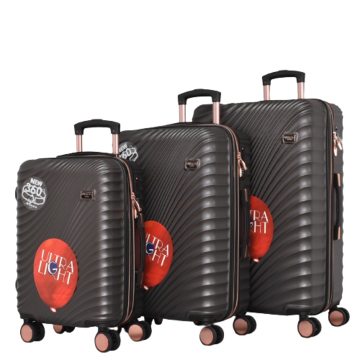 Комплект Куфари Perfect line ABS 8131, 77/50/30 см, Разширител, Тъмносиви, 3 броя - eMAG.bg