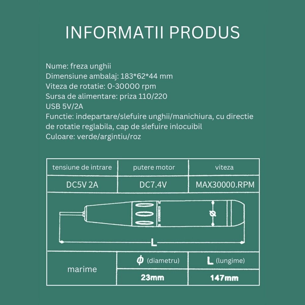 Freza de unghii manichiura-pedichiura, Alimentare cablu USB, 30000 RPM ...