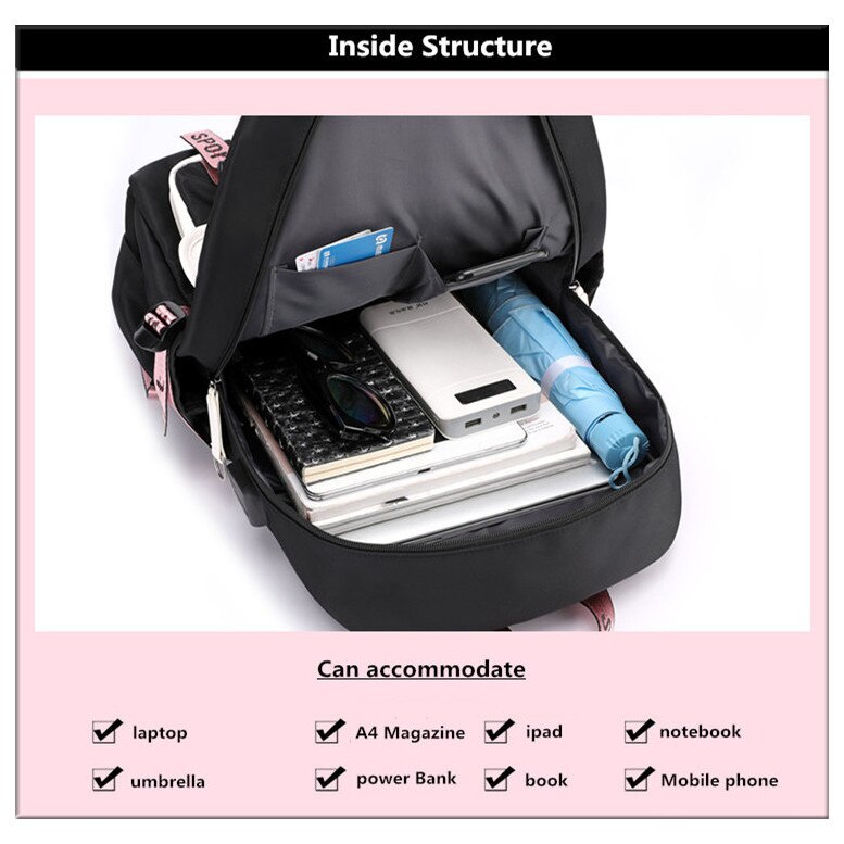 Ghiozdan smart, NEVERMORE, cu port USB, 46x29x16 cm, Negru/Roz - eMAG.ro