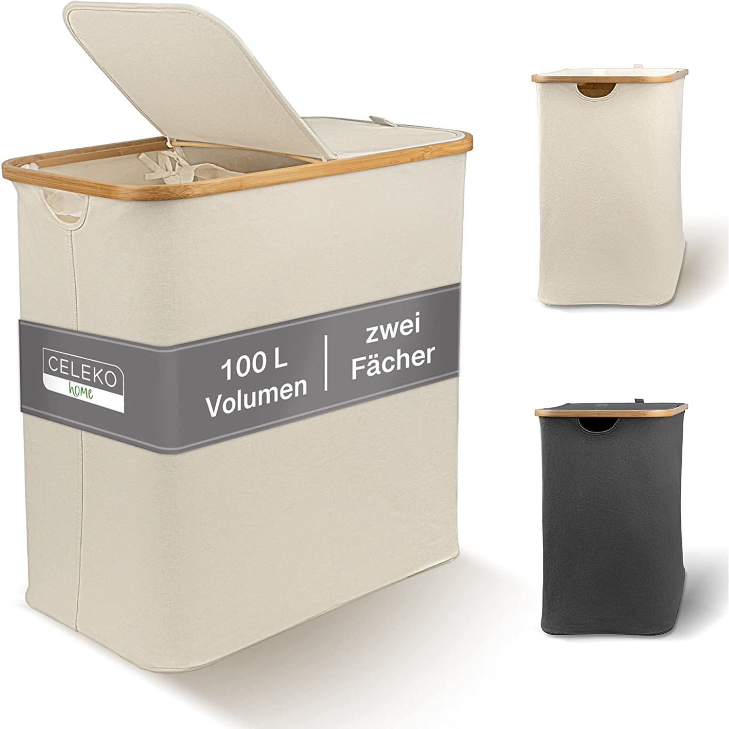 Cos de rufe cu capac 2 compartimente 100 litri tesatura din bambus, 57x ...