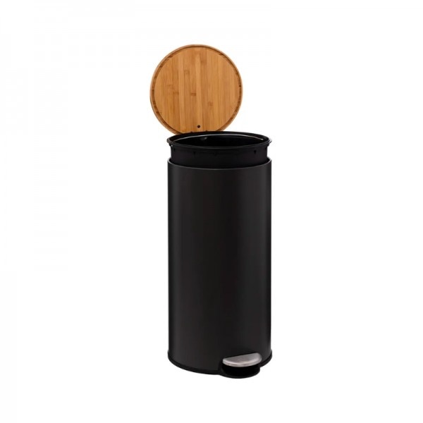 Cos metalic de gunoi cu capac din bambus si pedala, Modern Black, 30 ...