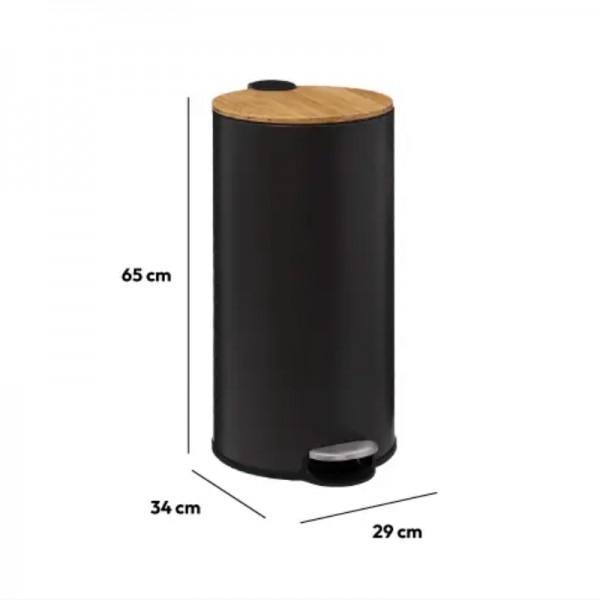 Cos metalic de gunoi cu capac din bambus si pedala, Modern Black, 30 ...