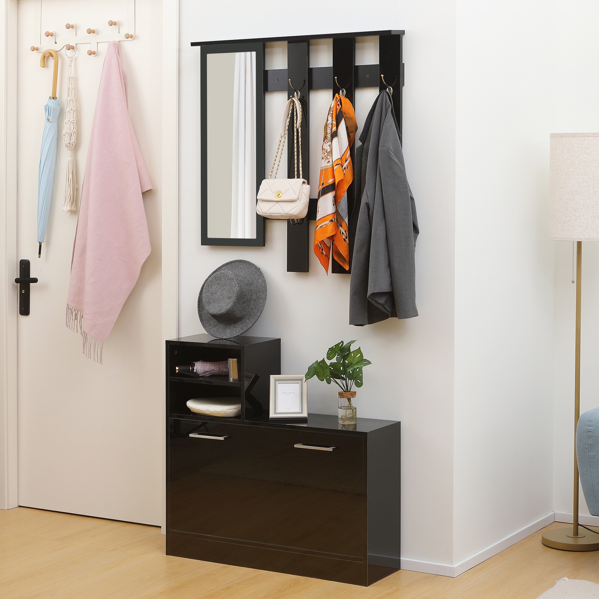 Mobila de Hol, Homcom, 3 in 1, Pal, Negru lucios - eMAG.ro