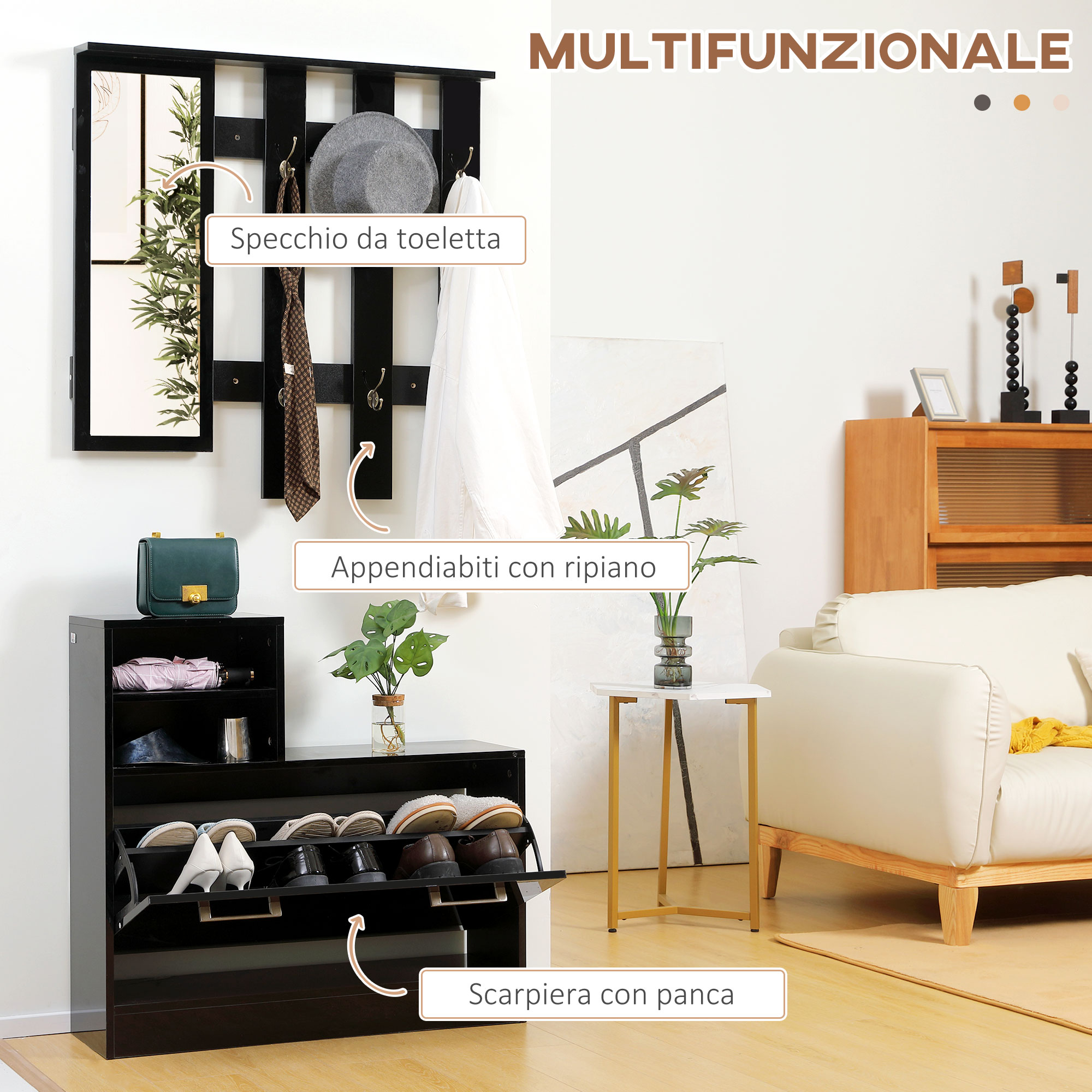 Mobila de Hol, Homcom, 3 in 1, Pal, Negru lucios - eMAG.ro