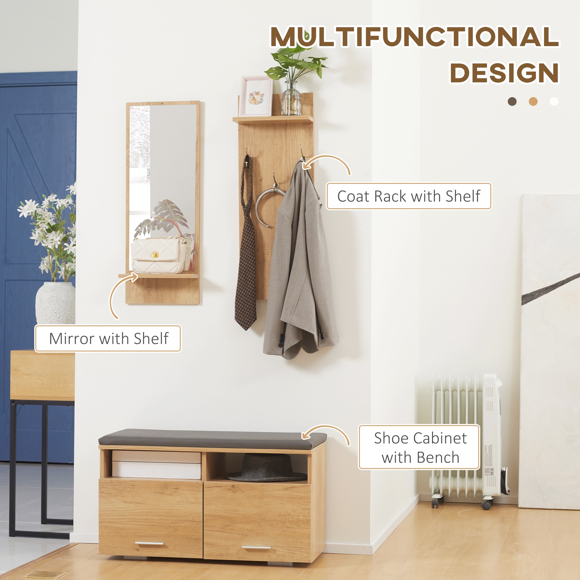 Mobila de Hol, HOMCOM, 3 in 1, Pal, Lemn natural - eMAG.ro