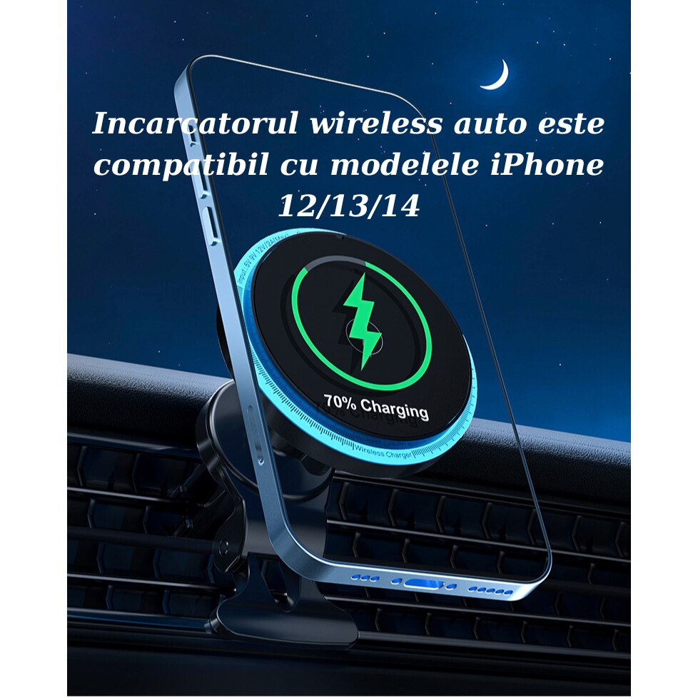Incarcator suport auto wireless MagSafe, Qi Fast Charging 15W, sistem ...