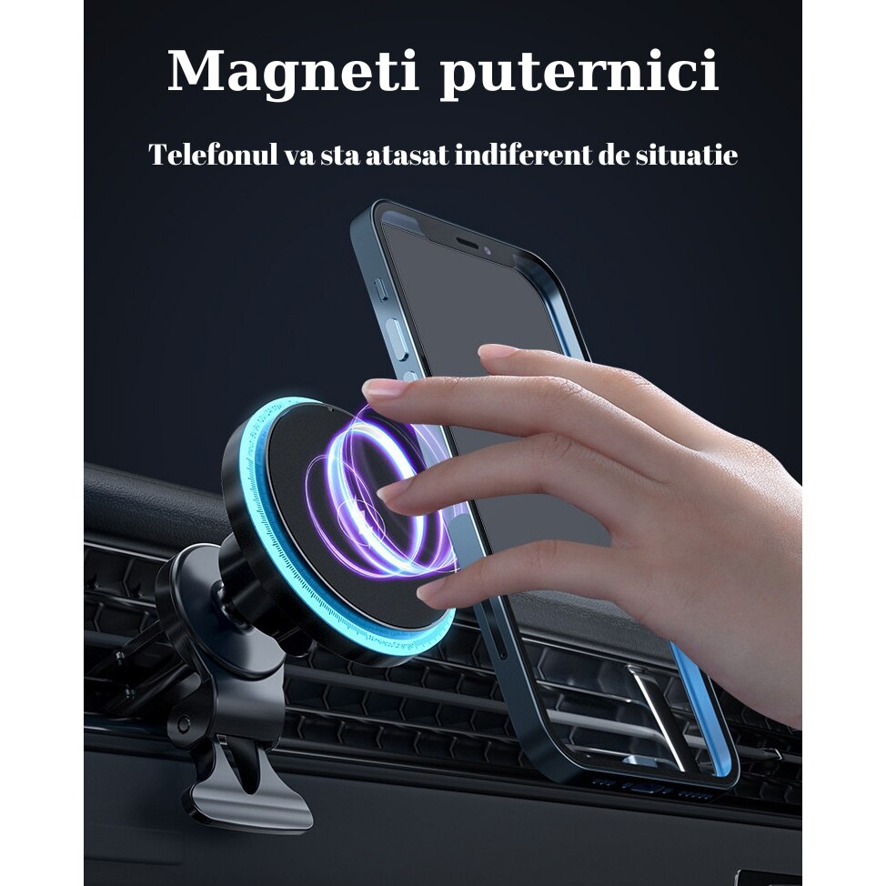 Incarcator suport auto wireless MagSafe, Qi Fast Charging 15W, sistem ...