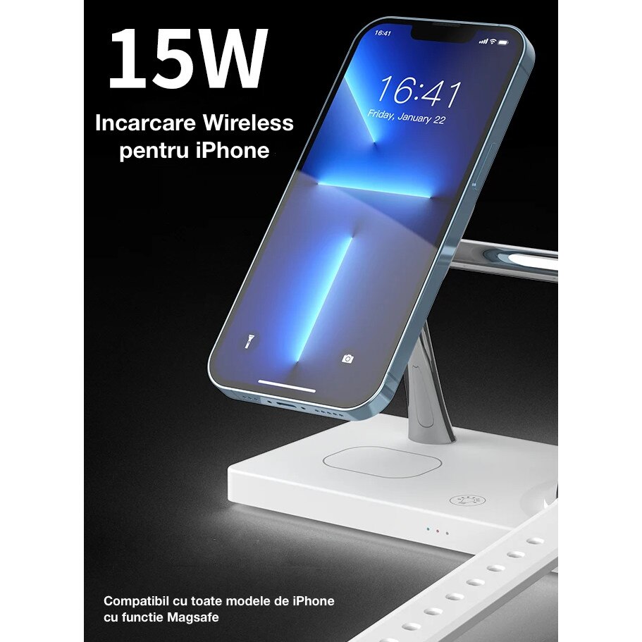 Statie de Incarcare Wireless 7 in 1 iFan, Fast Charge 15W, Lumina ...