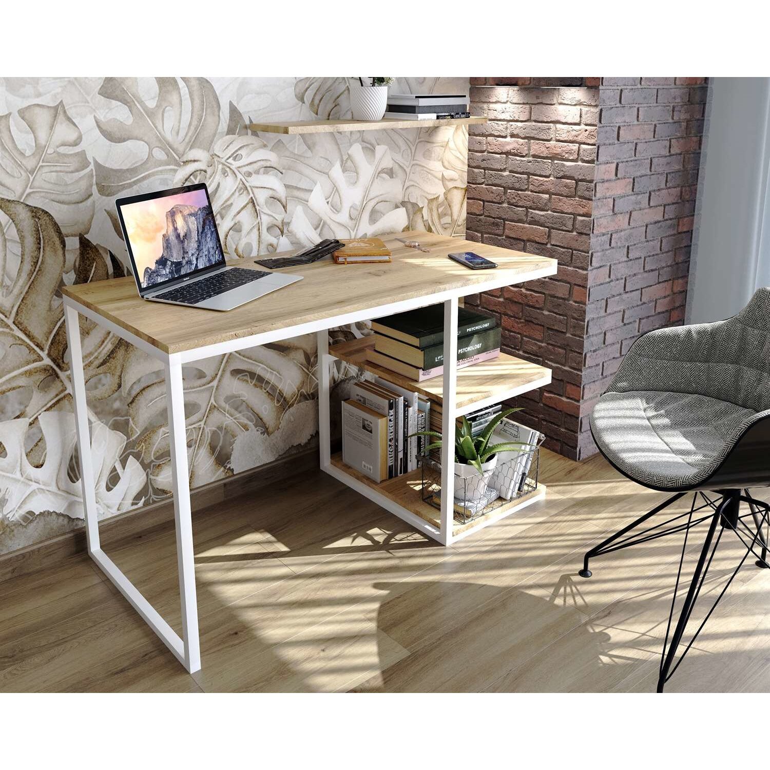 Birou MODERN LOFT, Lukmebel, Alb/ Stejar Wotan, 120x76x60 cm - eMAG.ro