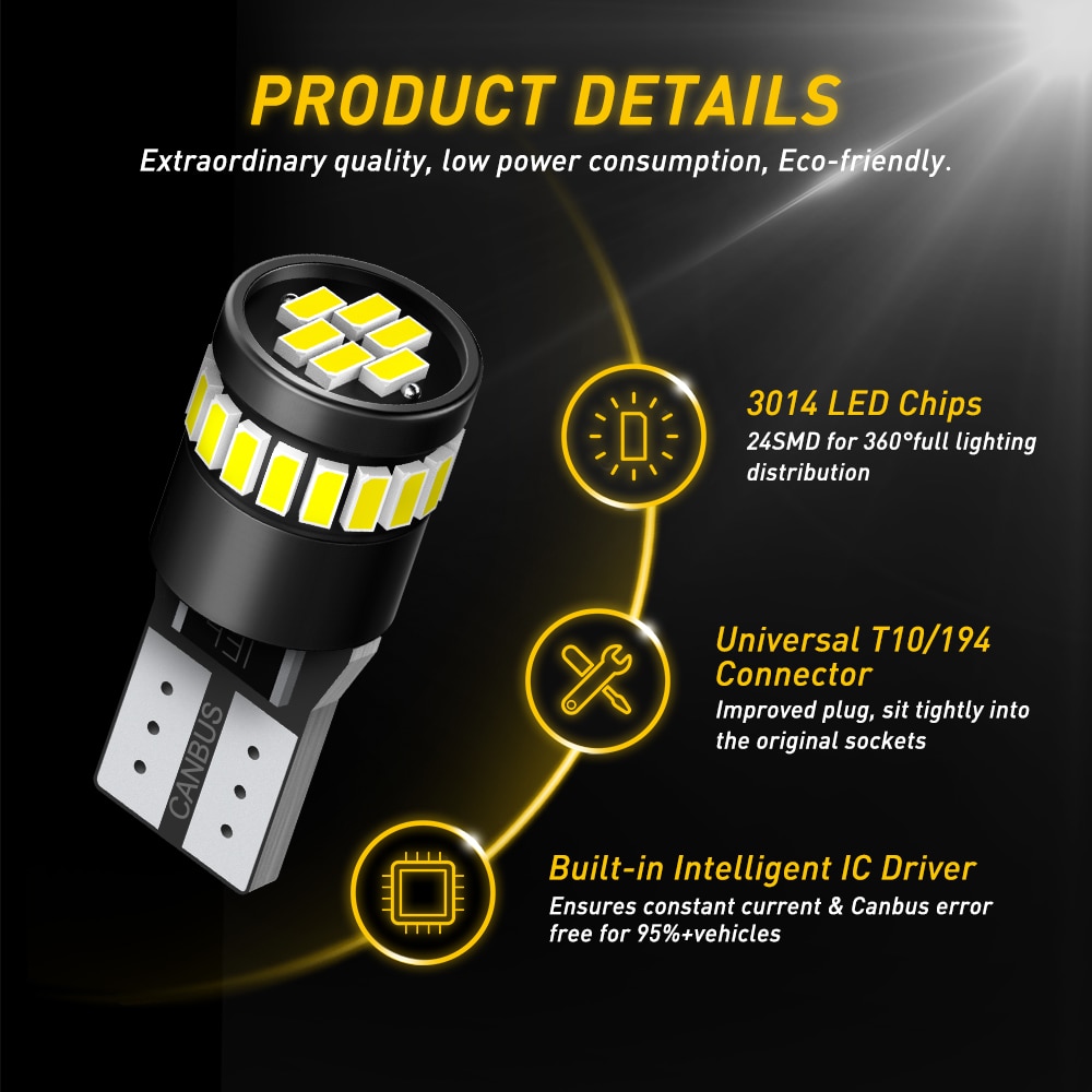 Set 2 becuri LED pozitie auto T10, W5W AUXITO® 6000k alb rece, canbus ...