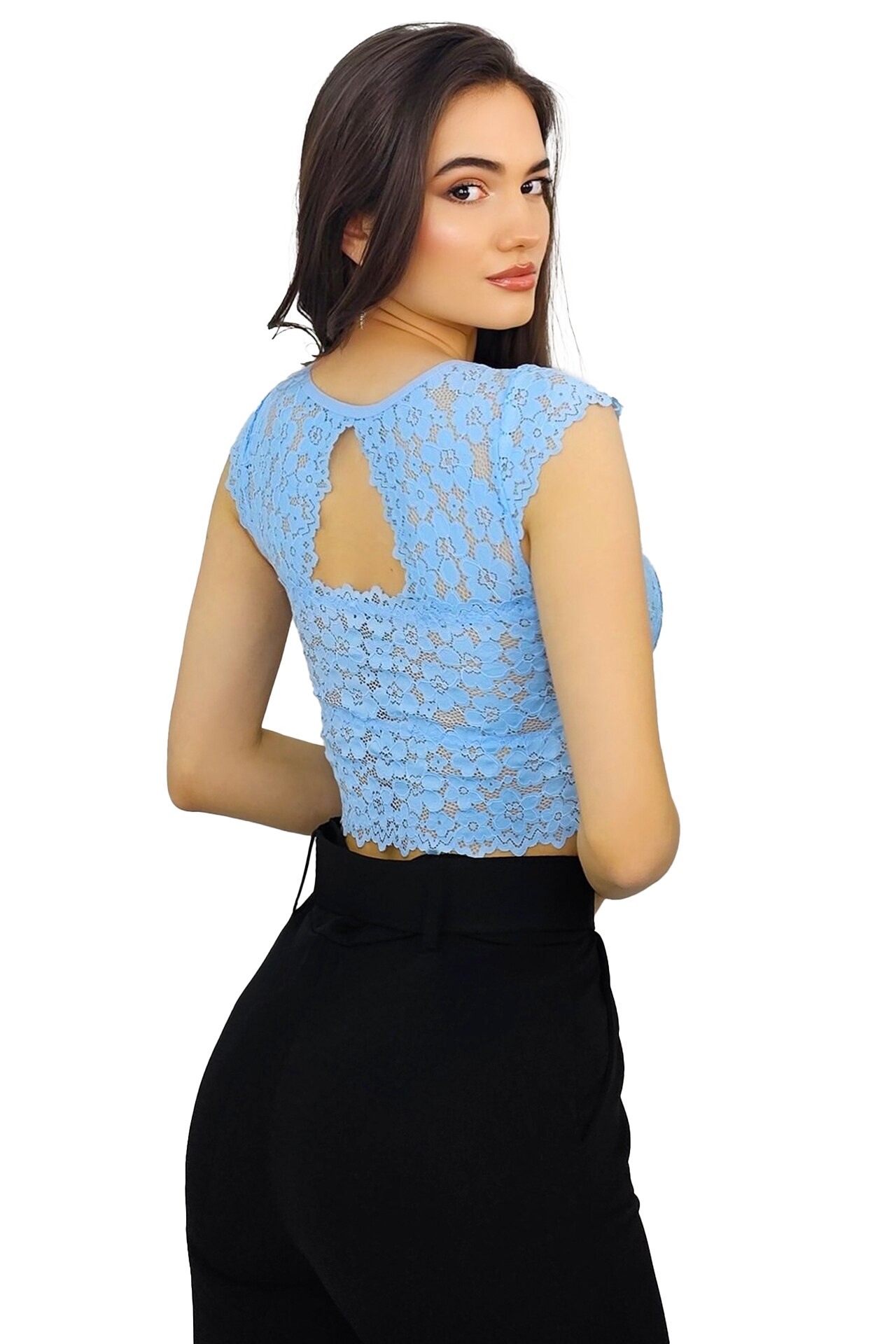 Top scurt Deven, din dantela cu spatele semidecupat, Albastru, Masura ...