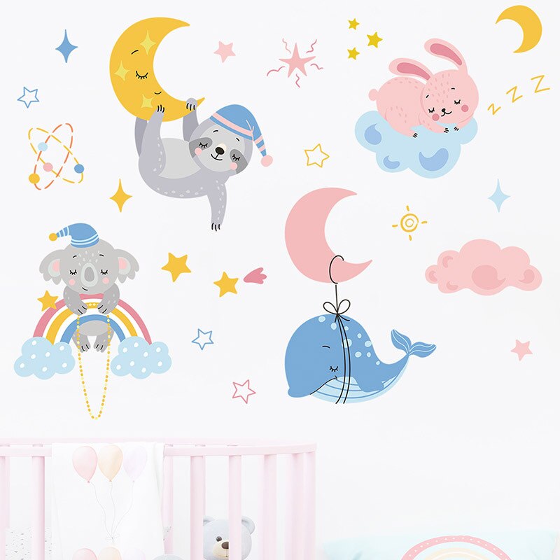 Sticker Autocolant Perete Copii, Animale Somnoroase, Luna si Stele ...