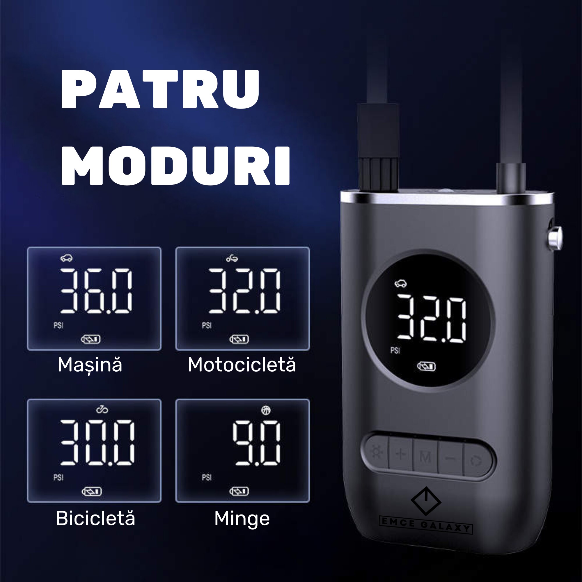 Pompa aer auto electrica wireless smart, Multifunctionala, cu afisaj ...