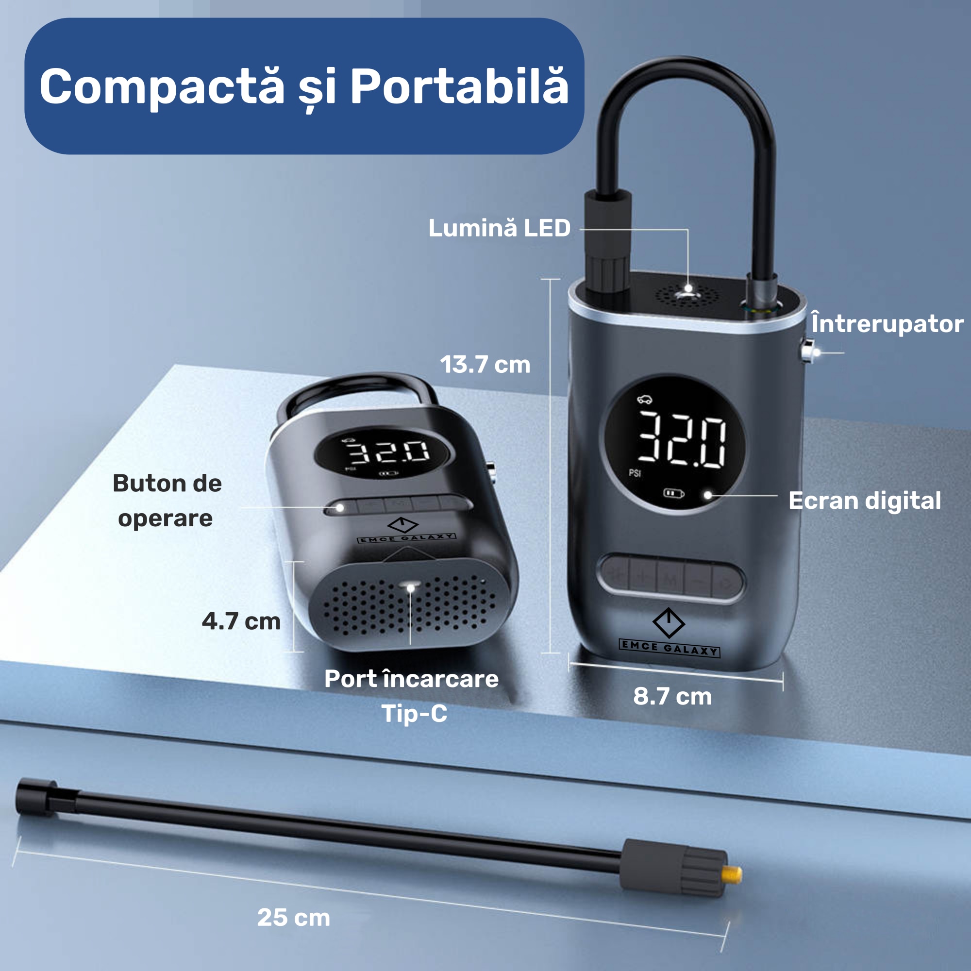 Pompa aer auto electrica wireless smart, Multifunctionala, cu afisaj ...