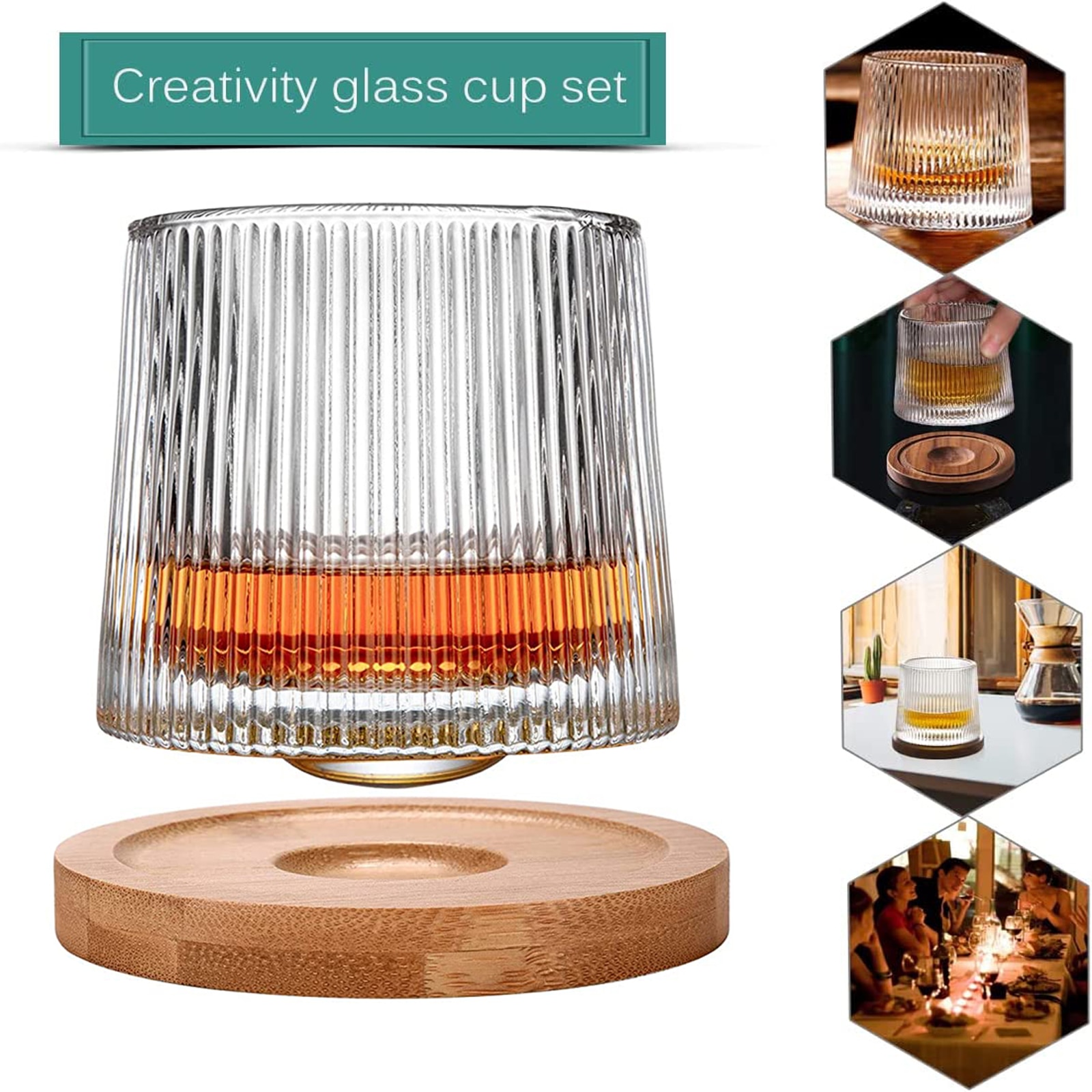 Set Pahar din Rotatie sticla, Zggzerg, Cu un coaster din bambus ...