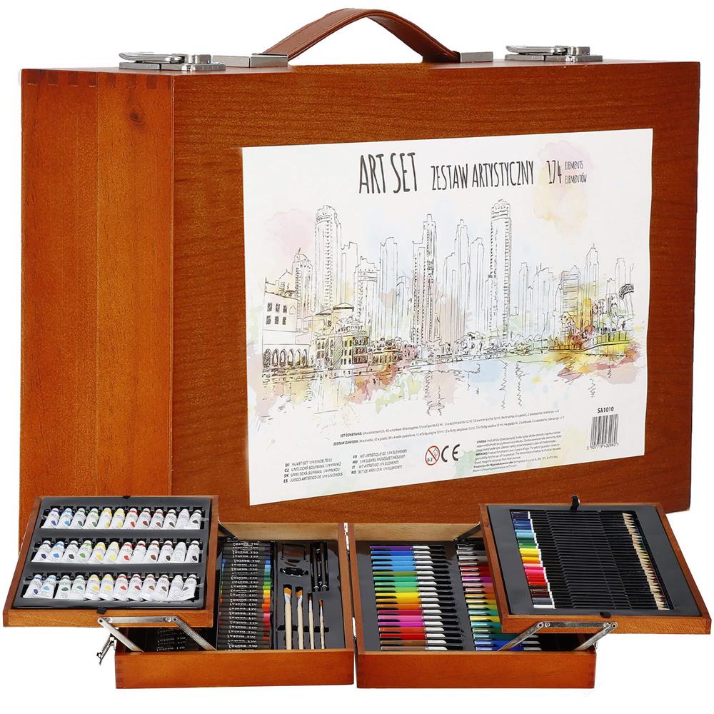 Set de pictura si desen pentru copii, 174 de piese, trusa lemn - eMAG.ro