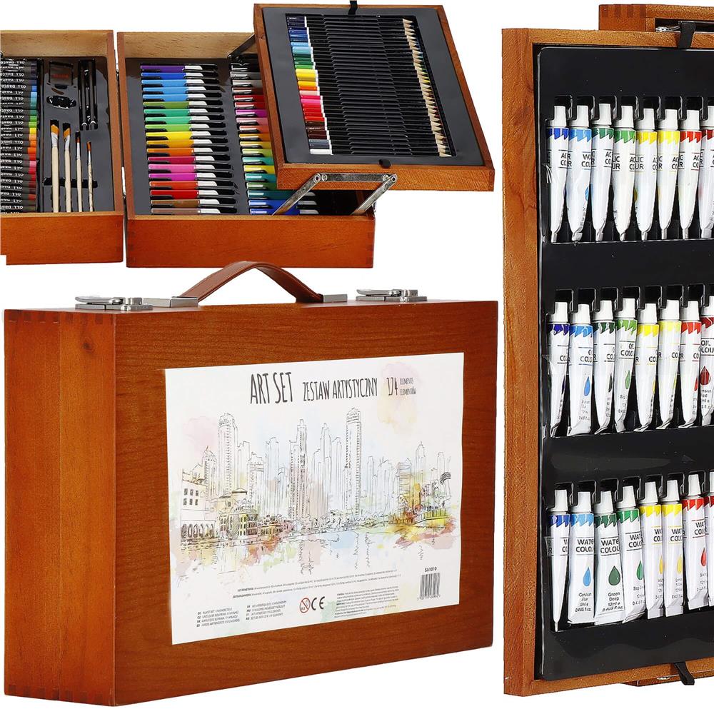 Set de pictura si desen pentru copii, 174 de piese, trusa lemn - eMAG.ro