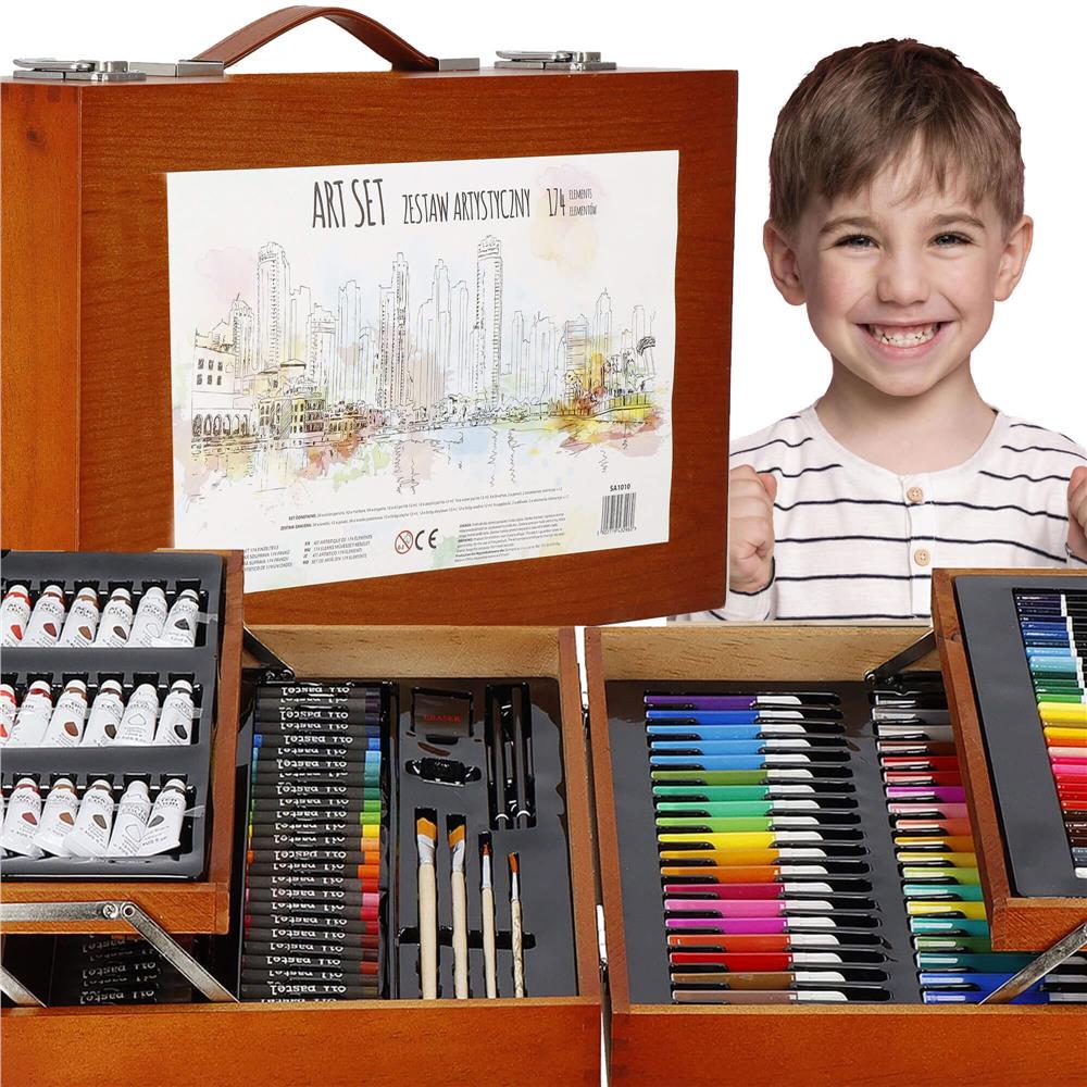 Set de pictura si desen pentru copii, 174 de piese, trusa lemn - eMAG.ro