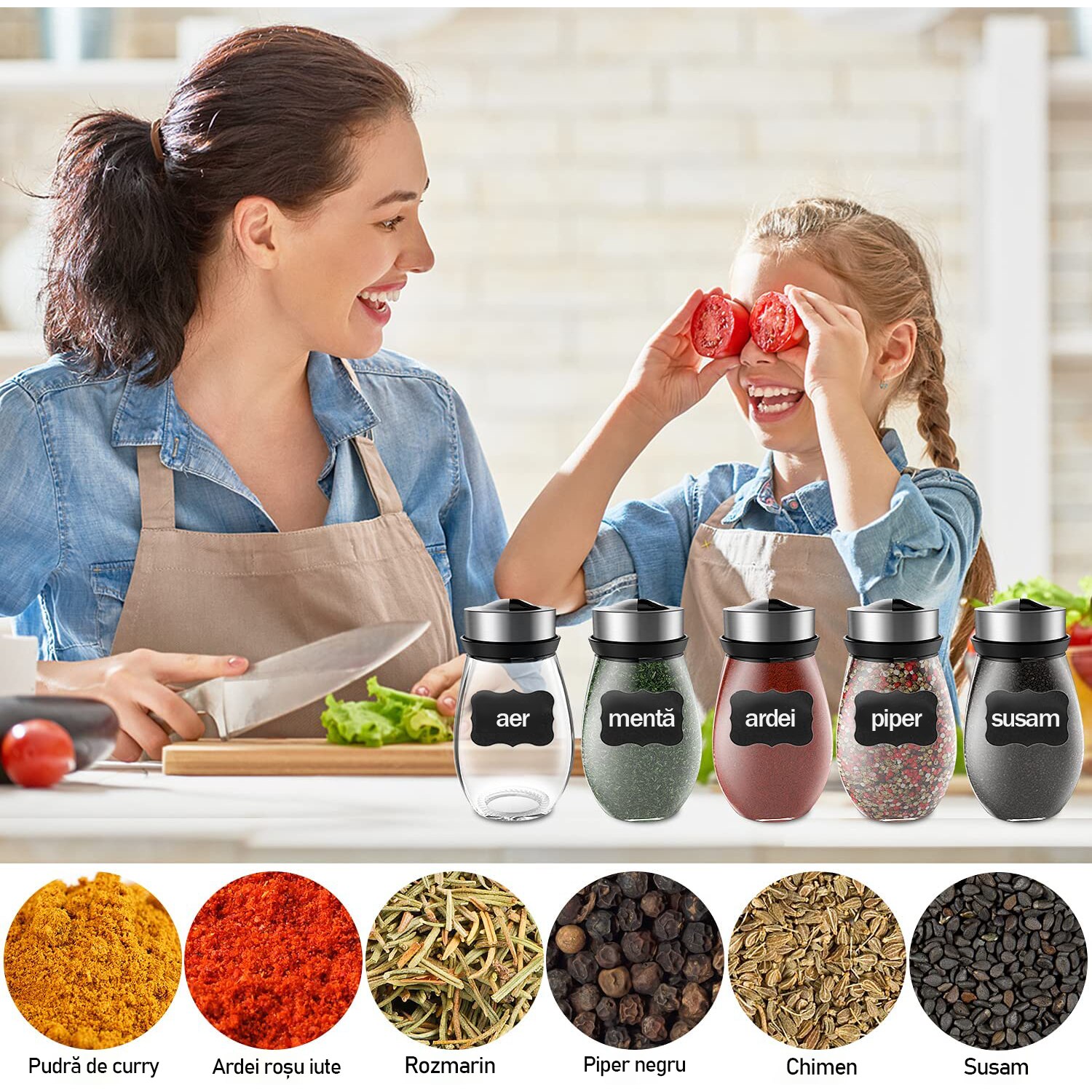 Set recipiente pentru condimente, BYONDSELF®, Cu Suport Inox Rotativ ...