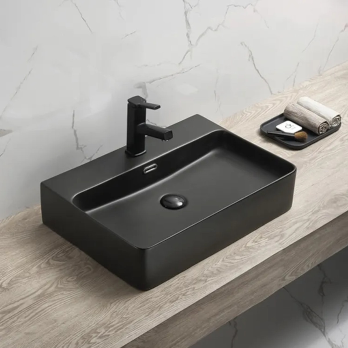 Lavoar, Negru Mat, 50x42 cm, montaj suspendat sau pe blat, cu o gaura ...