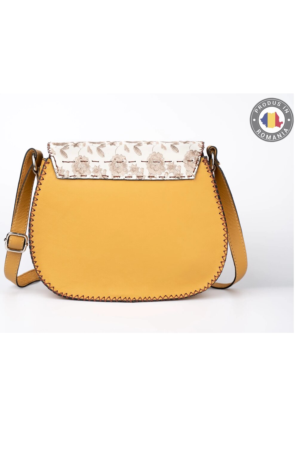 Poseta Din Piele Naturala, Handmade, Model Galben/Floral, Medie, 22 cm ...