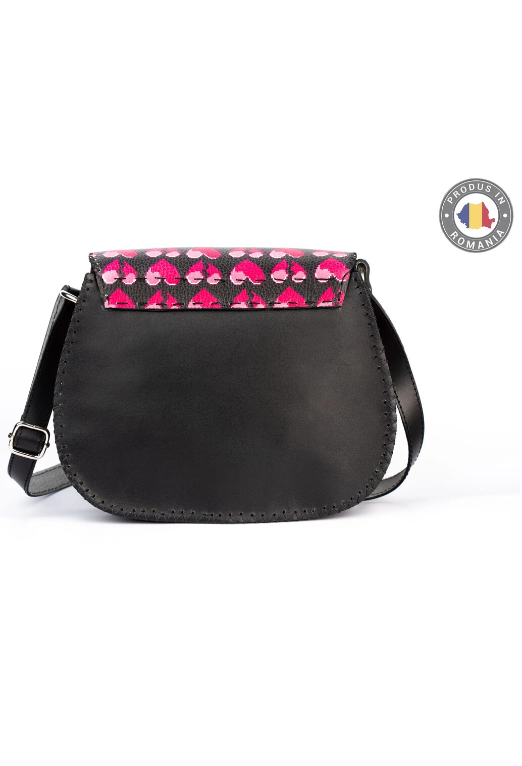 Poseta Din Piele Naturala, Handmade, Model Roz/Negru, Medie, 22 cm x ...