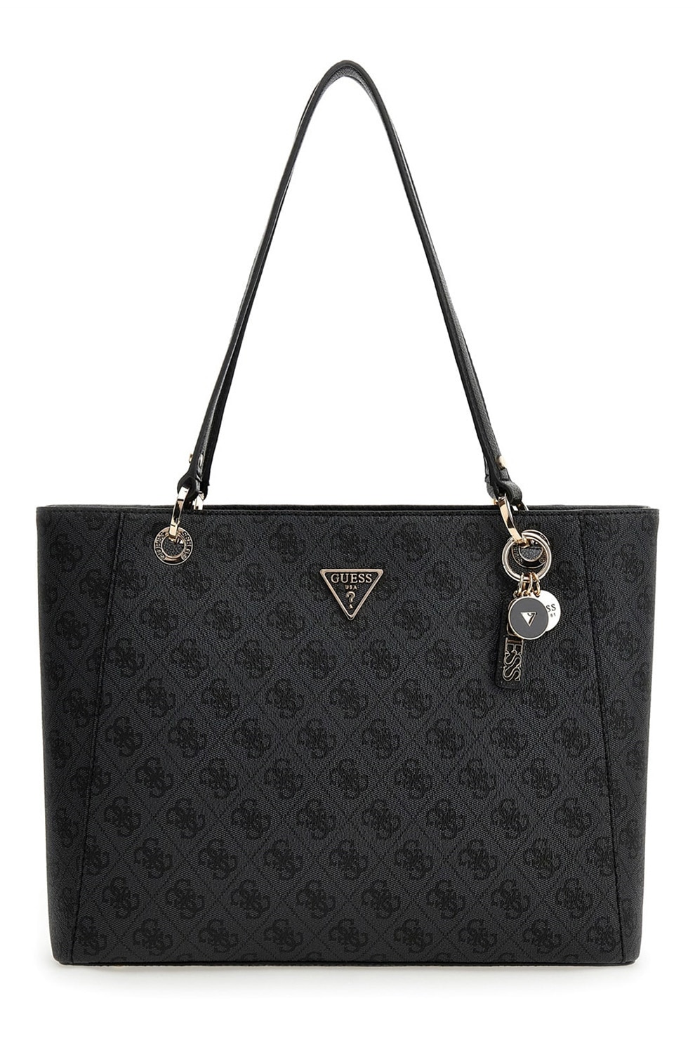 Guess, Geanta shopper de piele ecologica Noelle, Negru, Gri carbune ...
