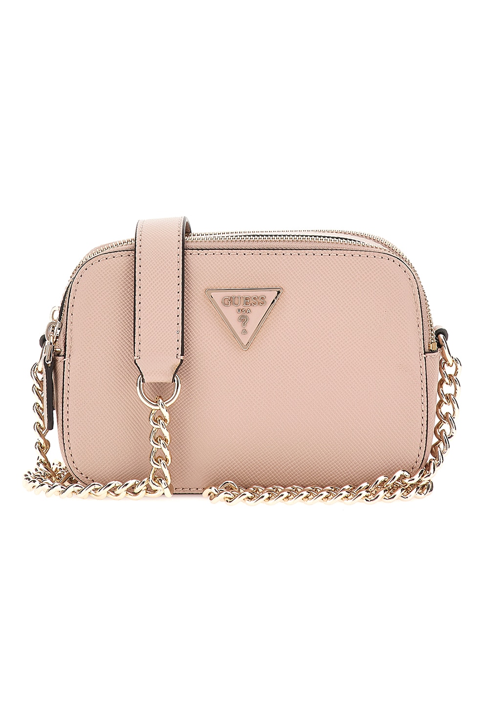 Guess, Geanta crossbody de piele saffiano sintetica Noelle, Roz pastel ...
