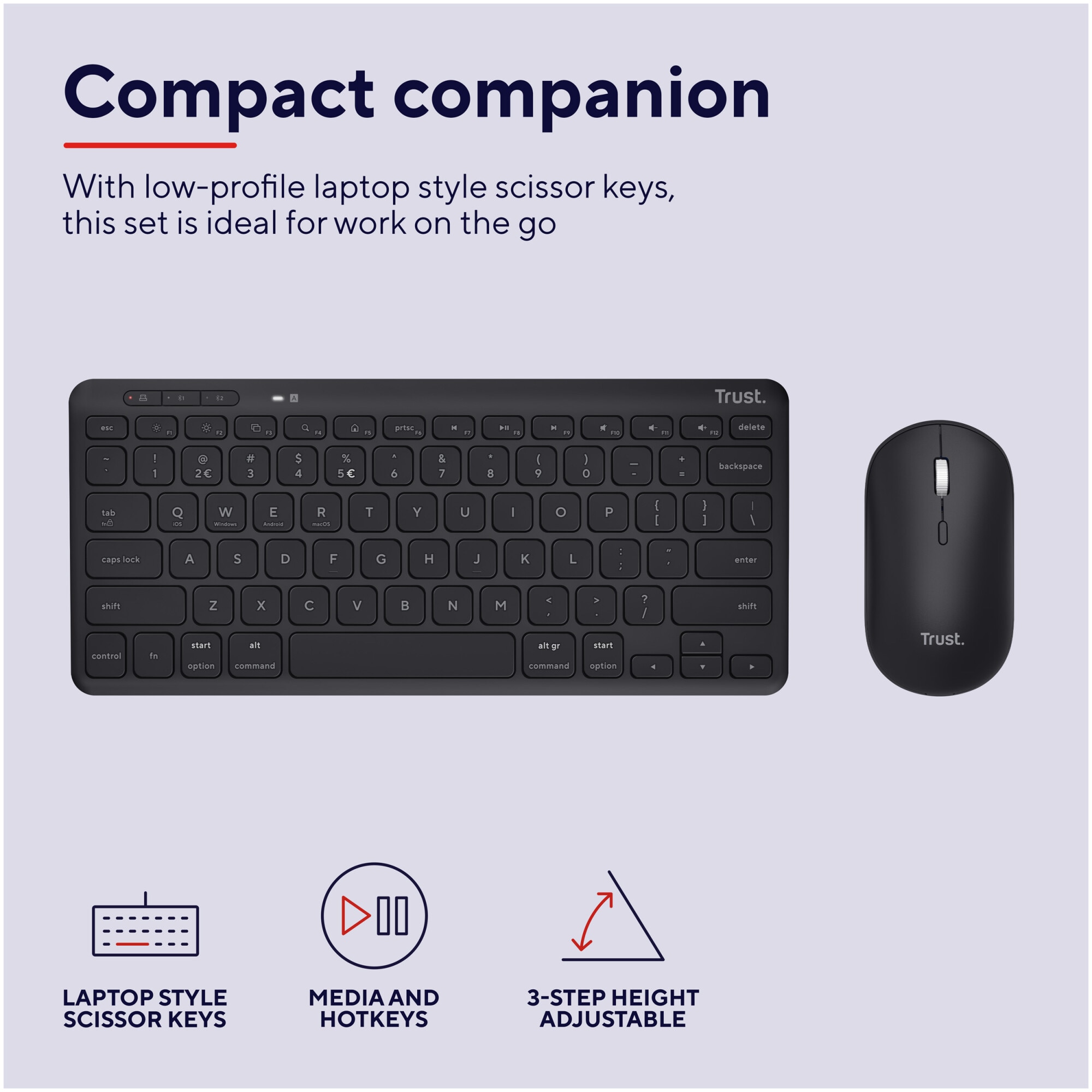 Kit tastatura + mouse Wireless/Bluetooth, Trust LYRA, Multi-Device ...