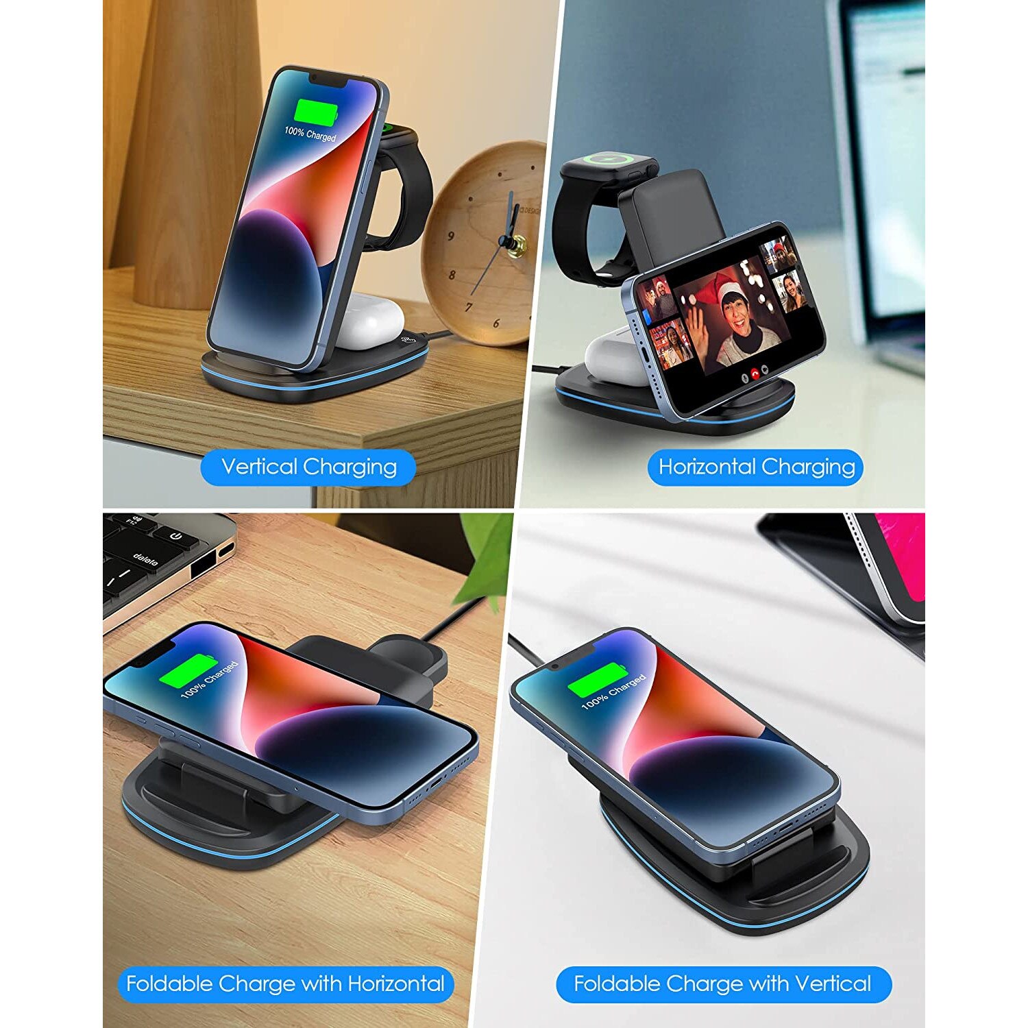 KIMILAR 3 в 1 Qi Fast Charger Безжична зарядна станция, 15 W, безжична ...