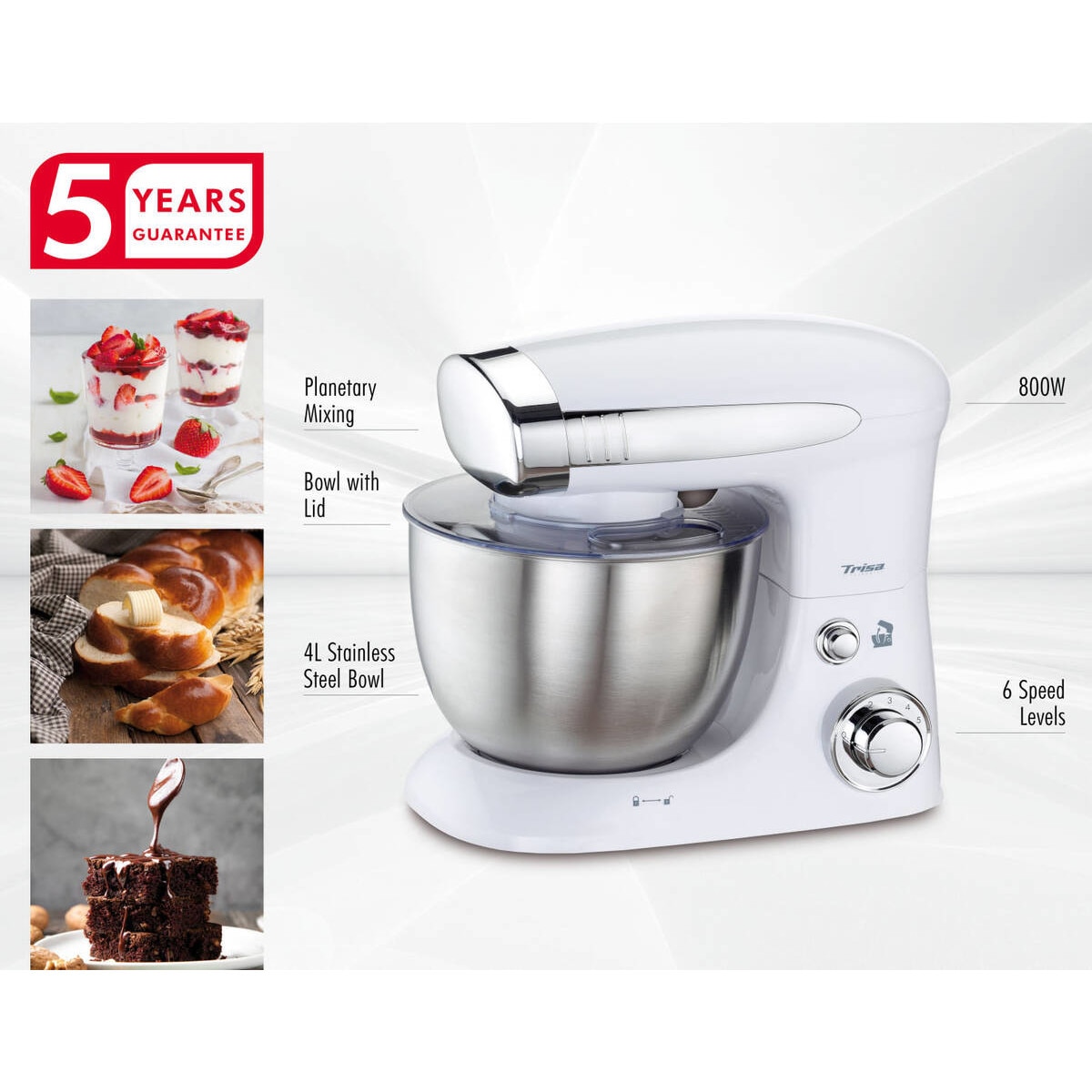 Mixer planetar Trisa Mix Chef 6608.7012, 800 W, bol inox 4 l, 6 viteze ...