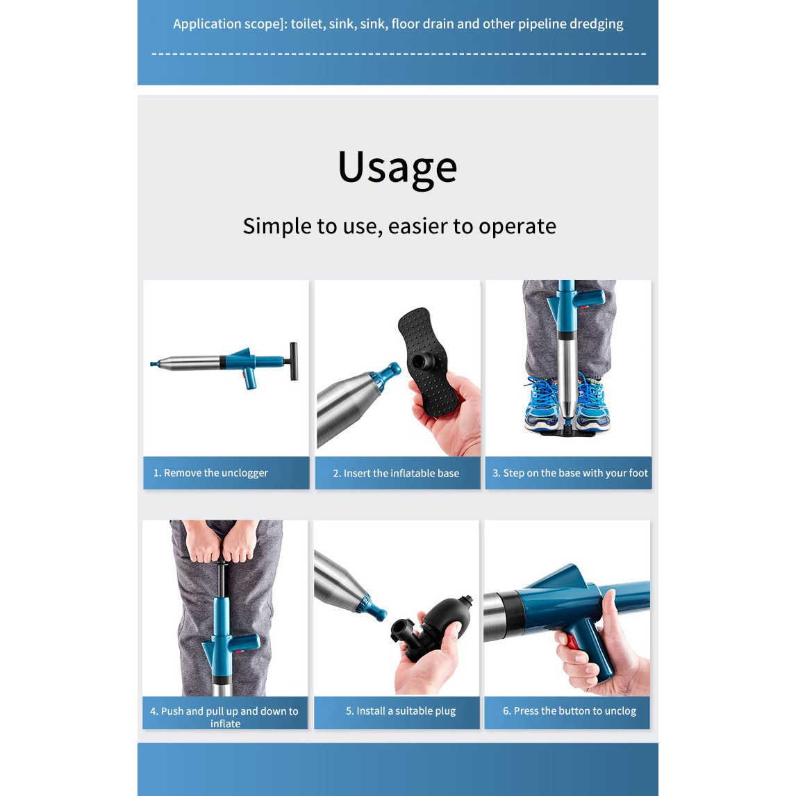 Pompa cu aer comprimat pentru desfundat, WALALLA, 5 fitinguri, Plastic ...