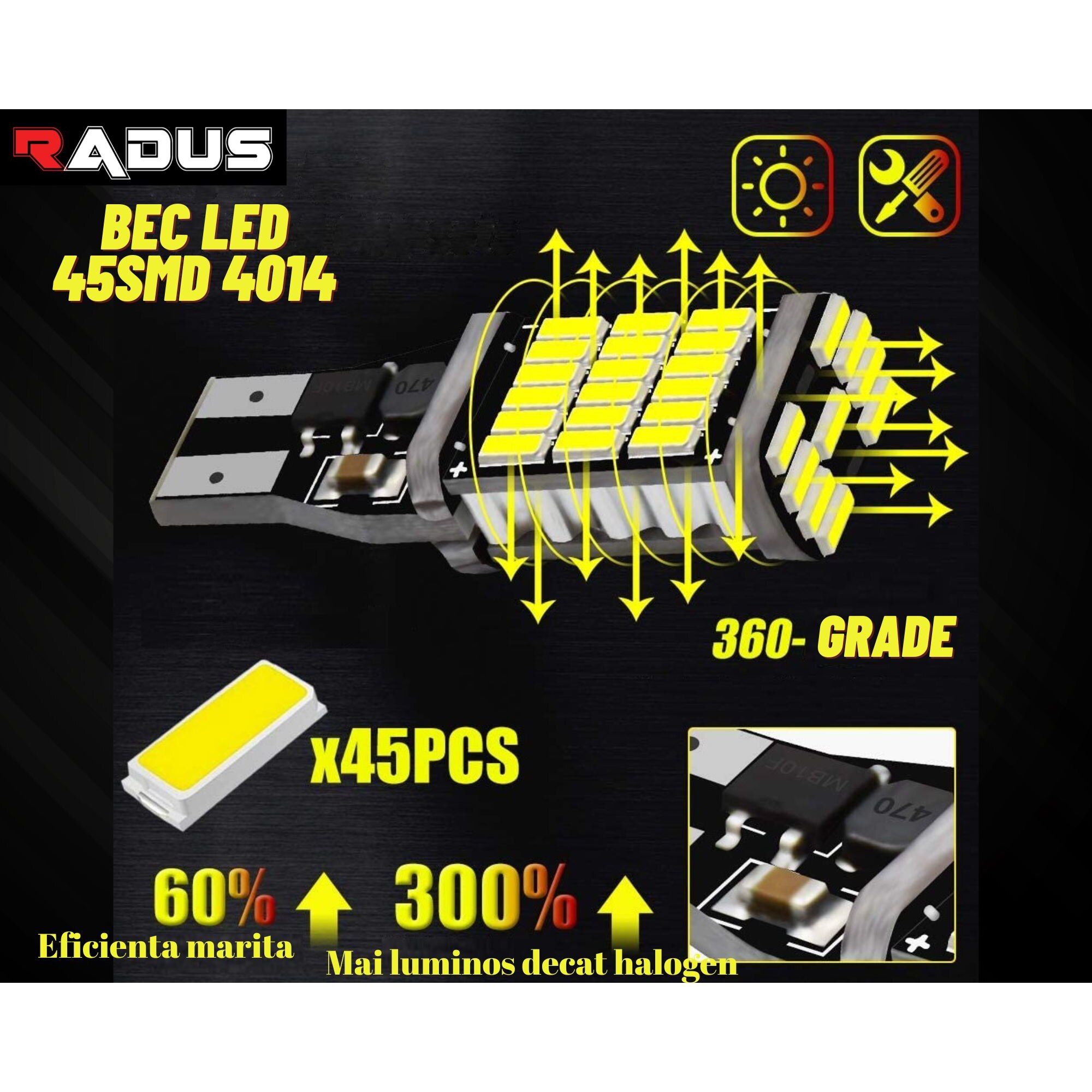 Bec LED T15 W16W, 45 SMD 4014, 12-24V, CanBus, Radus, fara eroare bec ...